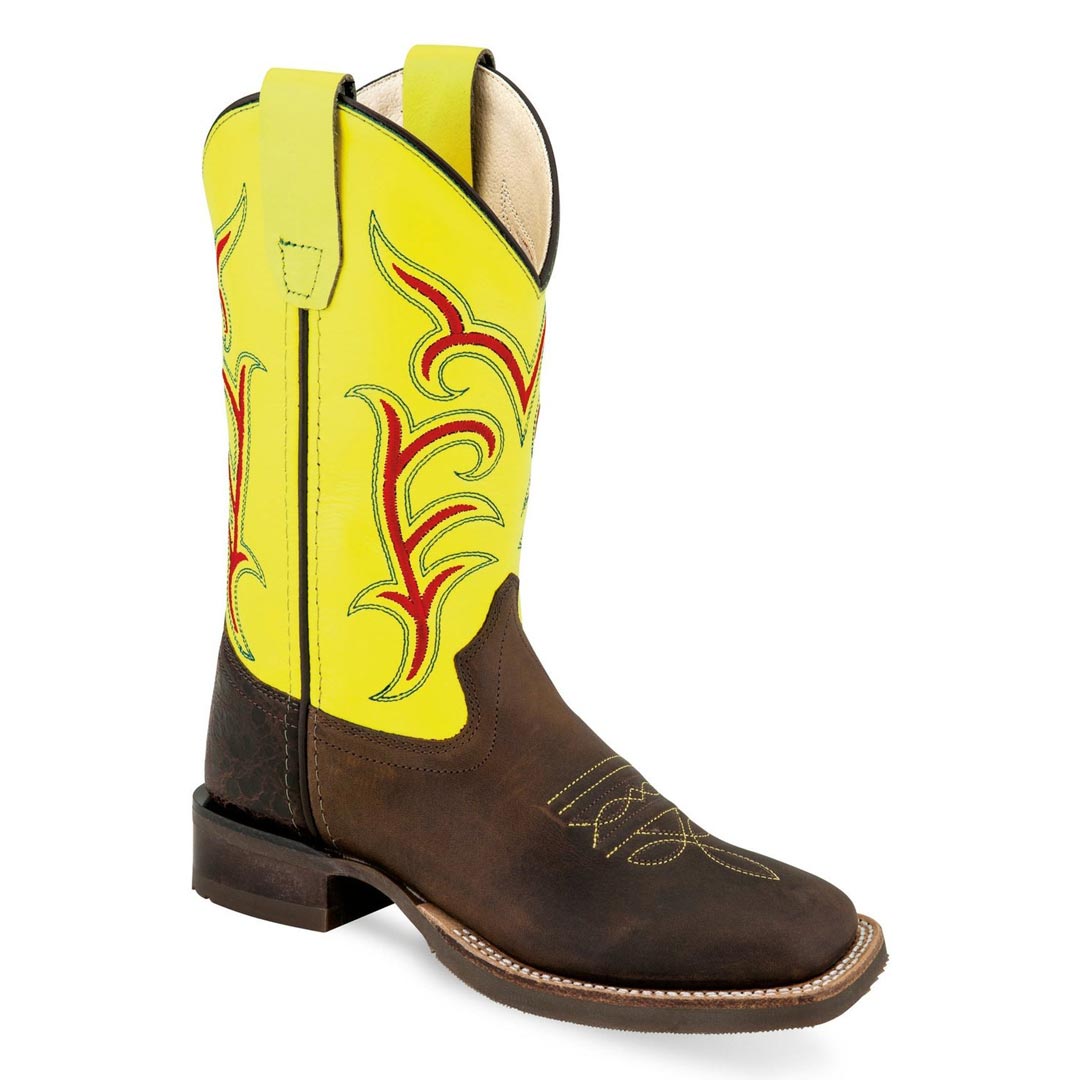 Old West Youth Brown and Florescent Green Broad Square Round Toe Boot ...
